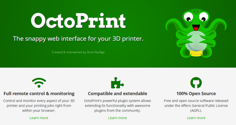 ‘OctoPrint’ web interface for 3D printer that allows you to control and monitor all aspects of ...